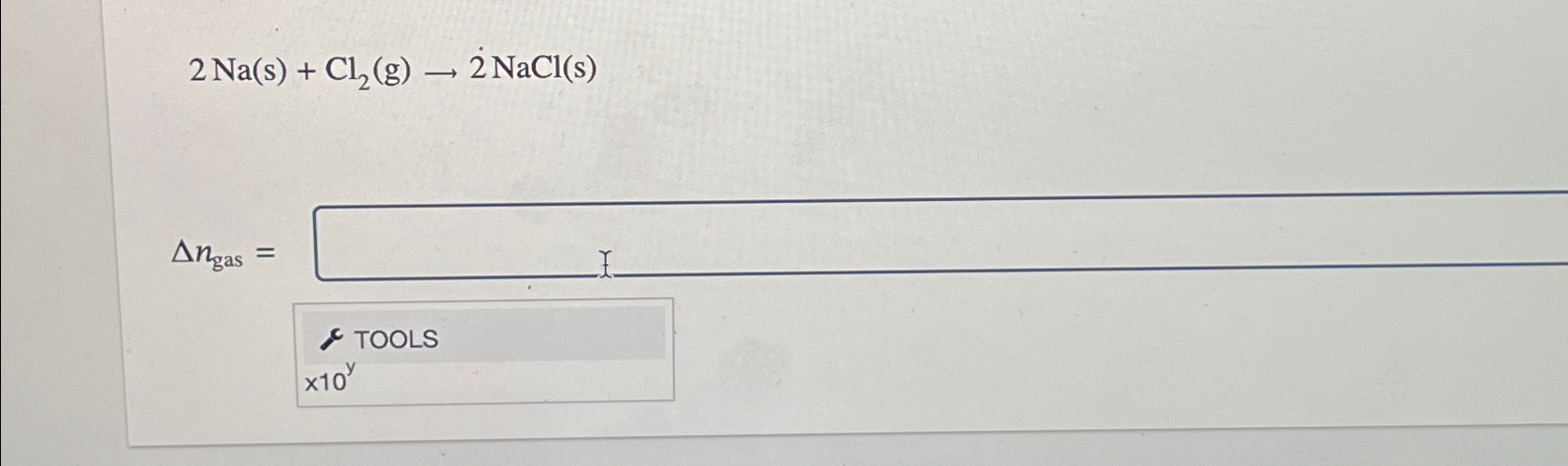 Solved 2Na(s)+Cl2(g)→2NaCl(s)Δngas = | Chegg.com