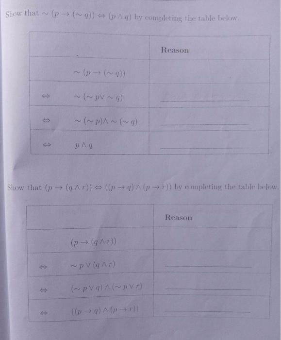 Solved Show that ∼(p→(∼q))⇔(p∧q) by comploting the table | Chegg.com
