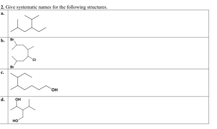 Solved 2. Give systematic names for the following | Chegg.com