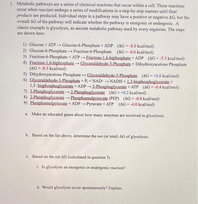 Solved 1. Metabolic pathways are a series of chemical | Chegg.com