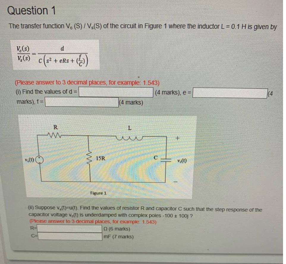 Solved Question 1The transfer function VcSVs(S) ﻿of the | Chegg.com
