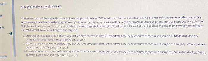 AML 2020 ESSAY \#1 ASSIGNMENT Choose one of the | Chegg.com