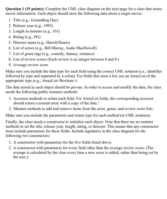 Solved Question 1 (15 points): Complete the UML class | Chegg.com