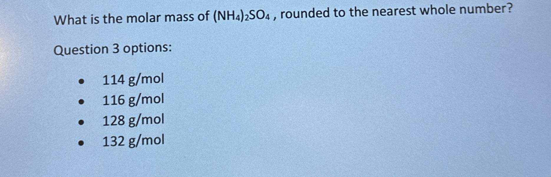 Solved What is the molar mass of (NH4)2SO4, ﻿rounded to the | Chegg.com