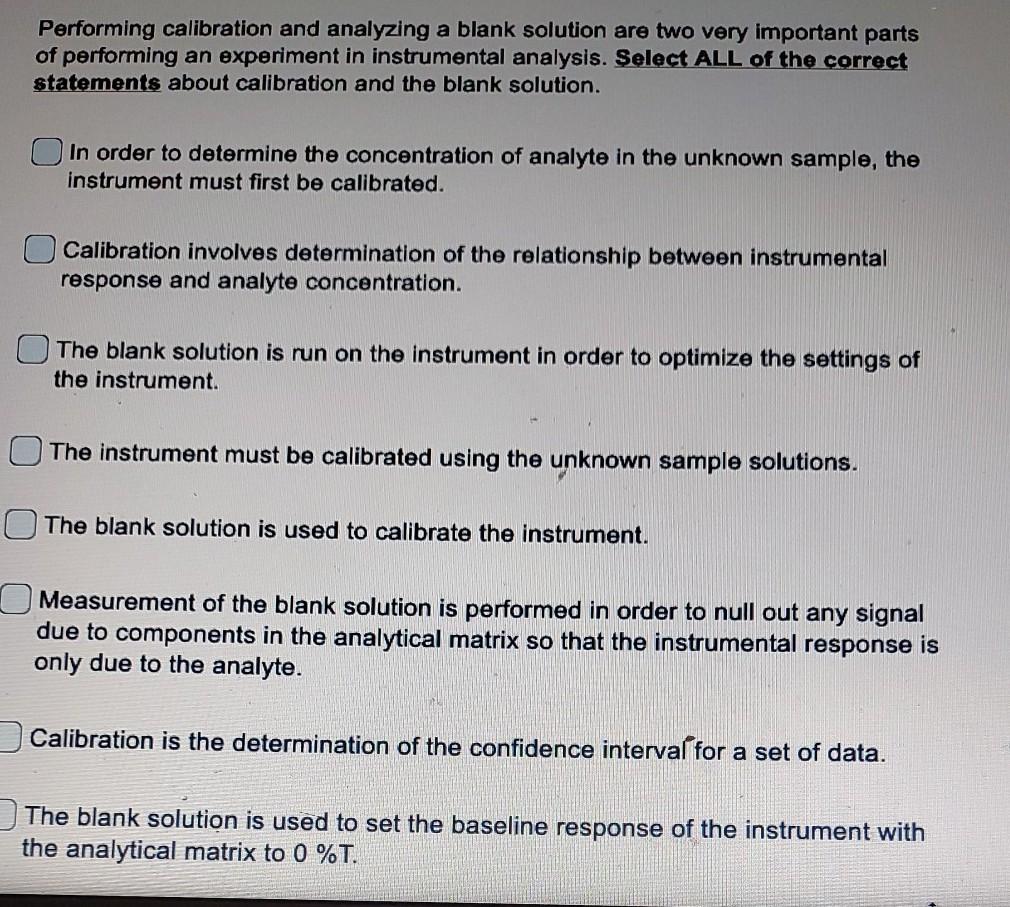 Solved Performing calibration and analyzing a blank solution | Chegg.com