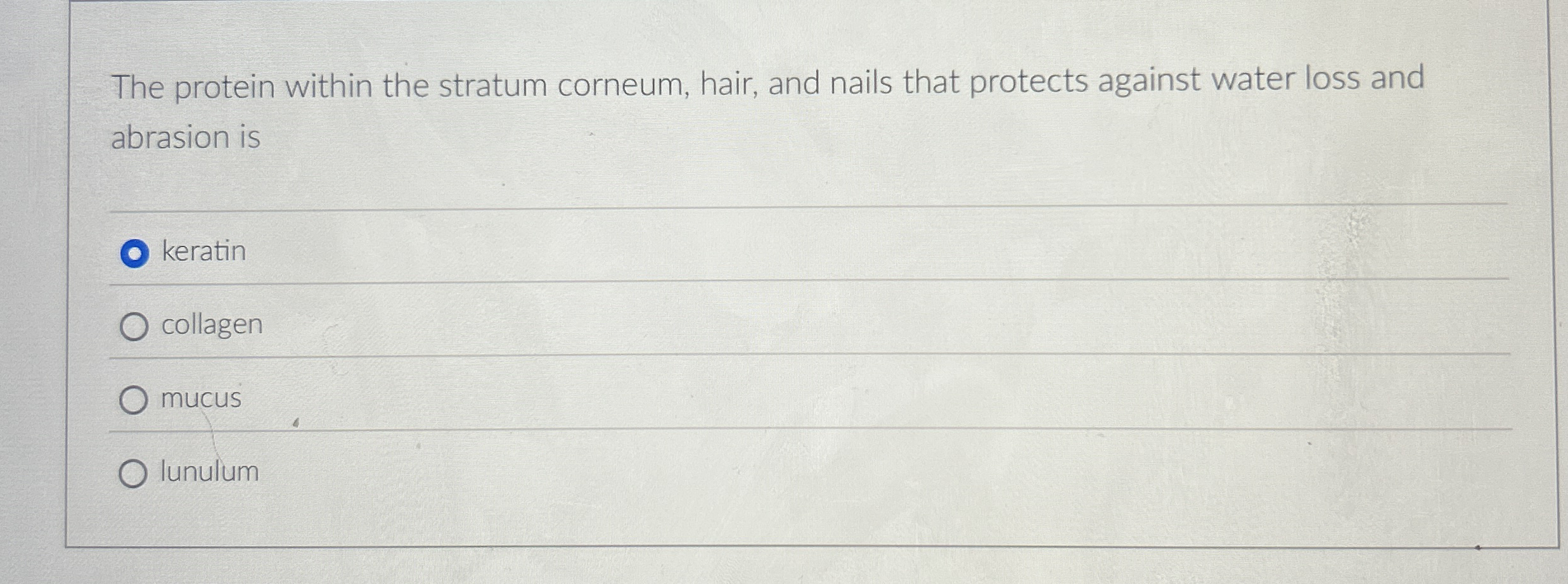 Solved The protein within the stratum corneum, hair, and | Chegg.com