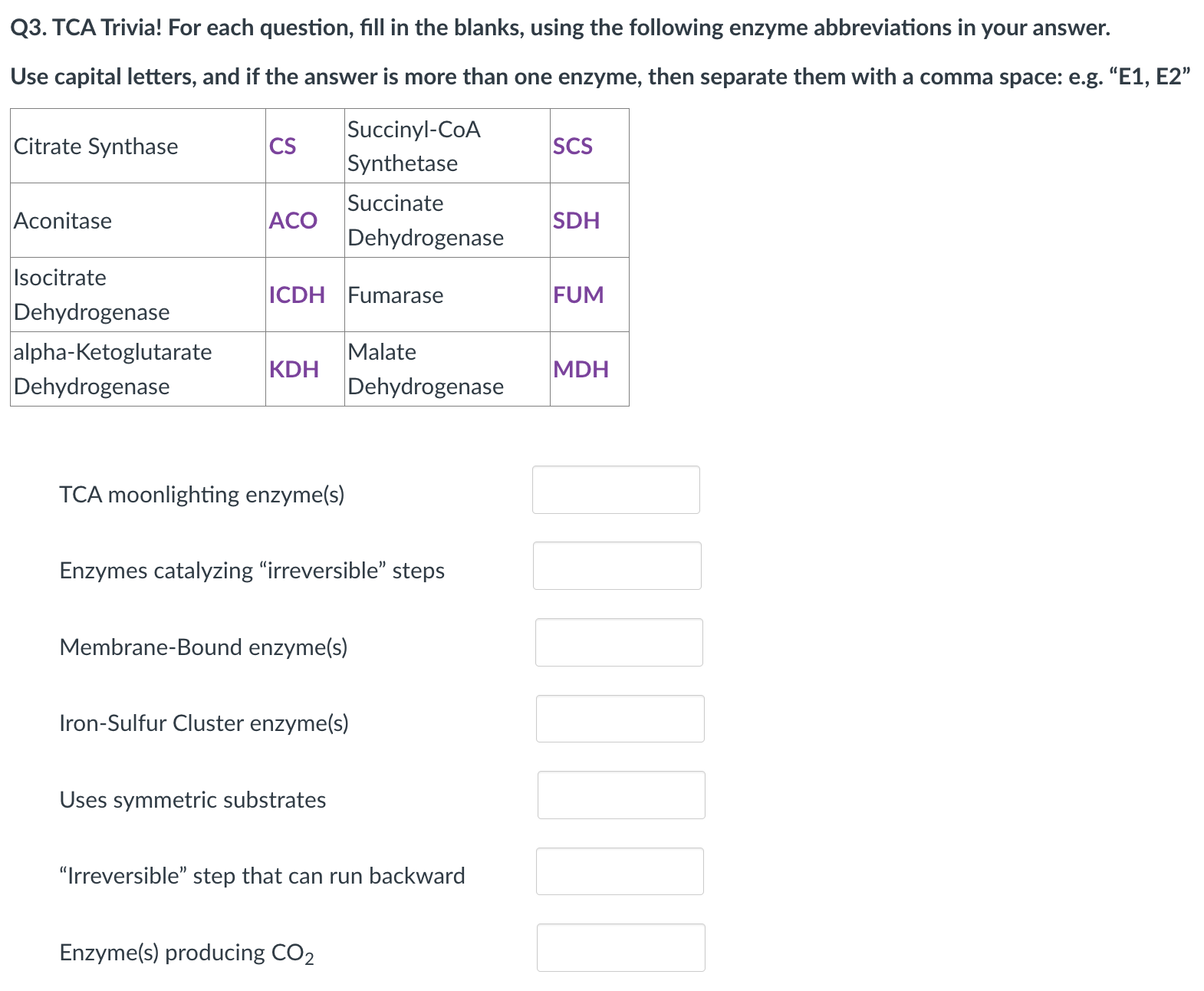Solved Q3. ﻿TCA Trivia! For each question, fill in the | Chegg.com