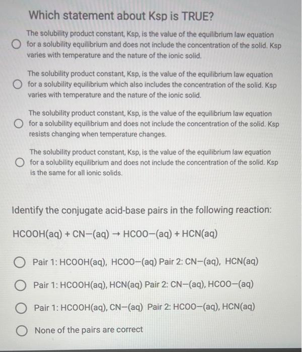 Solved Which statement about Ksp is TRUE? The solubility | Chegg.com
