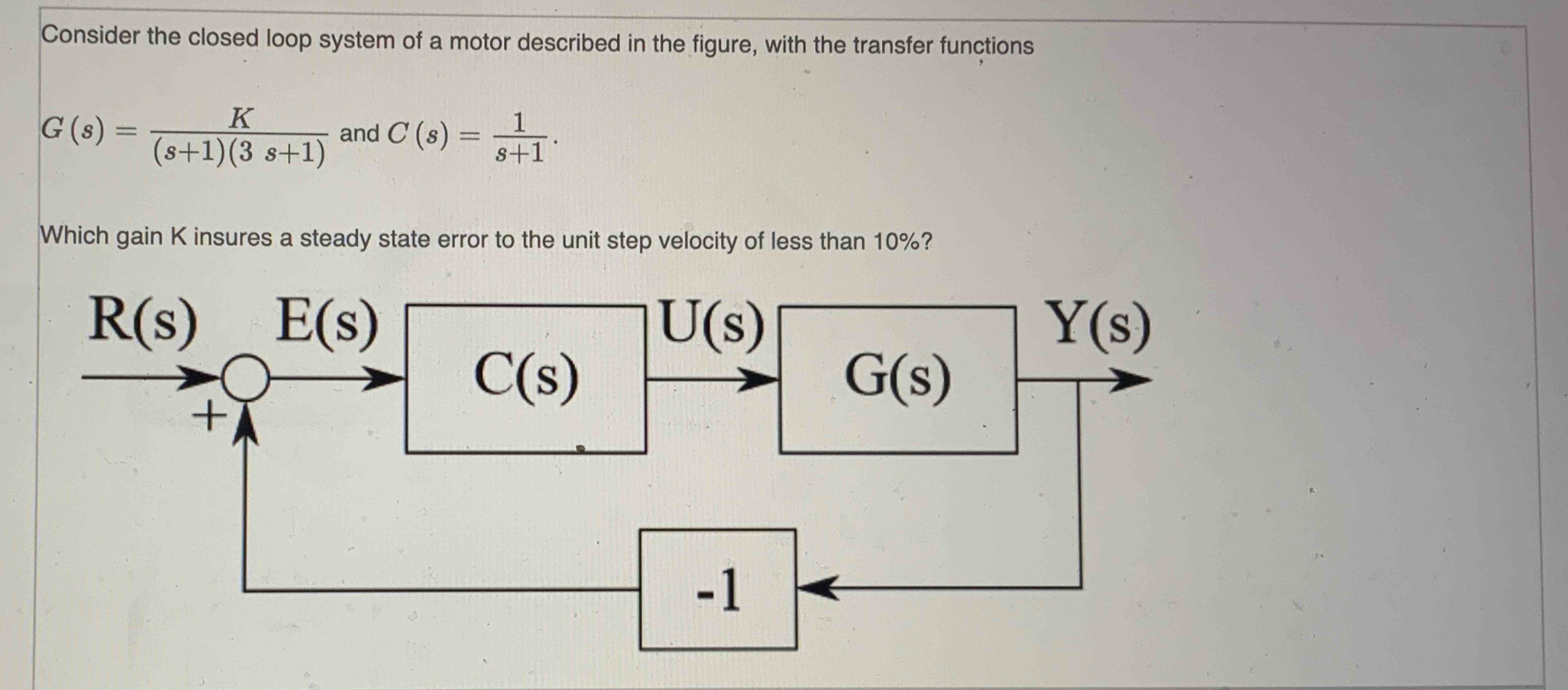 Solved Consider the closed loop system of a motor described | Chegg.com
