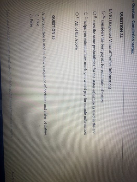 Solved Question Completion Status: QUESTION 24 EVPI | Chegg.com