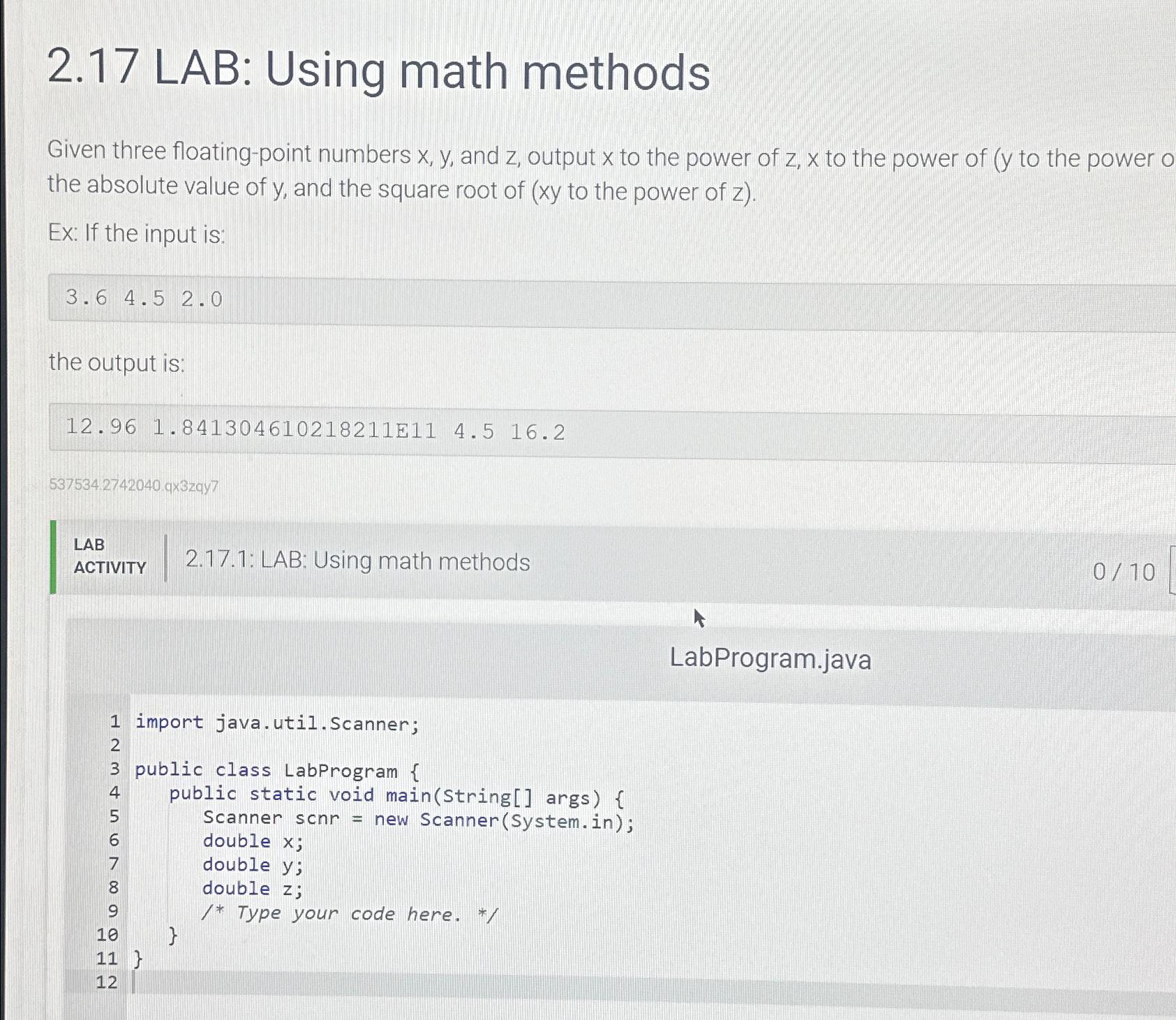 Solved 2.17 ﻿LAB: Using math methodsGiven three | Chegg.com