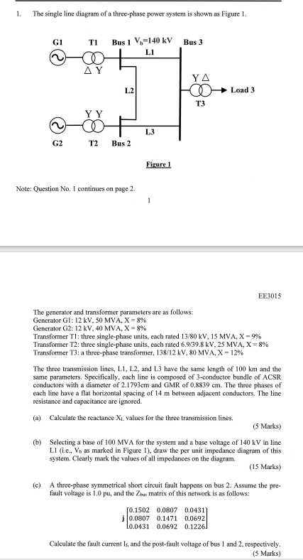 Solved The single line diagram of a three-phase power system | Chegg.com