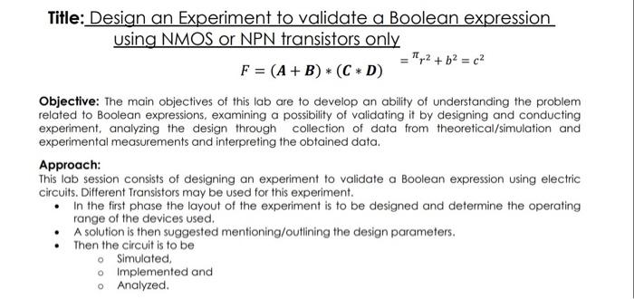 Solved Title: Design an Experiment to validate a Boolean | Chegg.com