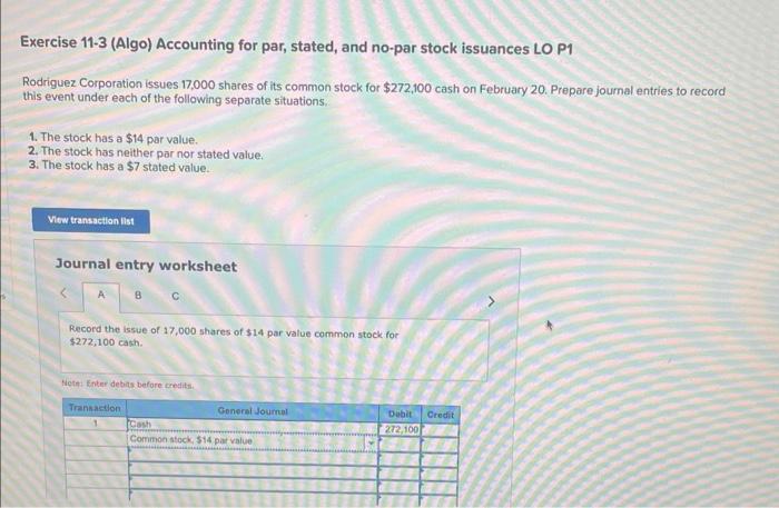 Solved Exercise 11-3 (Algo) Accounting for par, stated, and | Chegg.com