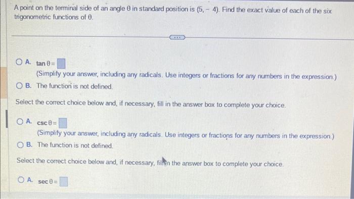 Solved A point on the terminal side of an angle θ in | Chegg.com