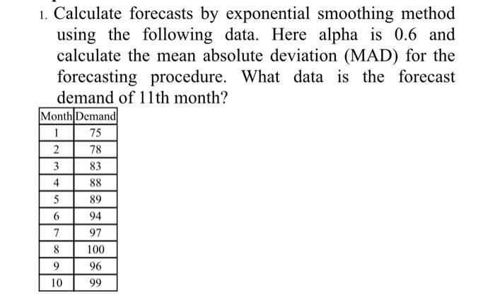 Solved 1. Calculate forecasts by exponential smoothing | Chegg.com