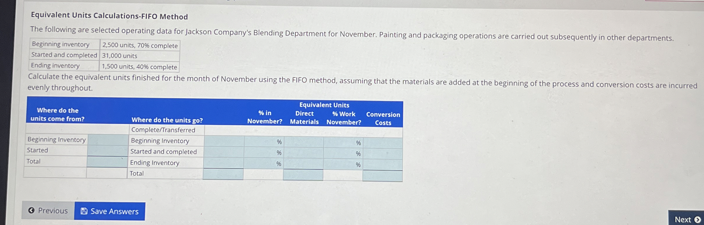 Solved Equivalent Units Calculations-FIFO MethodThe | Chegg.com