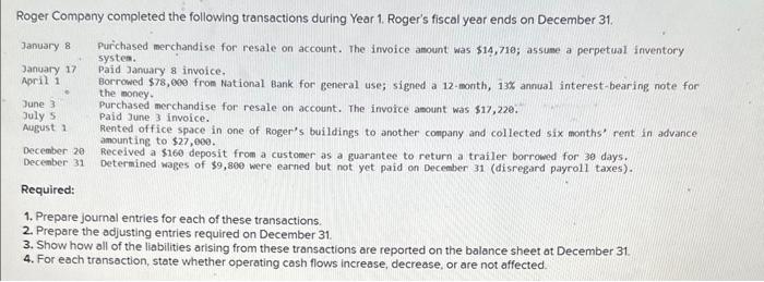 Solved Roger Company completed the following transactions | Chegg.com