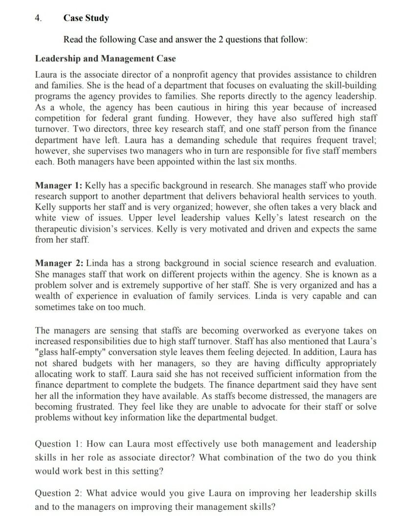 Solved 4. Case Study Read the following Case and answer the | Chegg.com