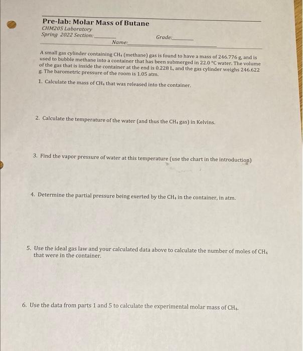 Solved Pre-lab: Molar Mass of Butane CHM205 Laboratory | Chegg.com