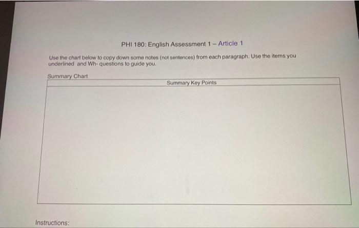 PHI 180: English Assessment 1 - Part 1 Instructions: | Chegg.com