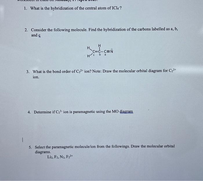 Solved 1. What is the hybridization of the central atom of | Chegg.com