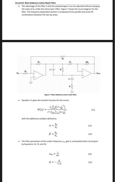 Solved Circuit 3: Wien-Robinson Active Notch Filter • The | Chegg.com