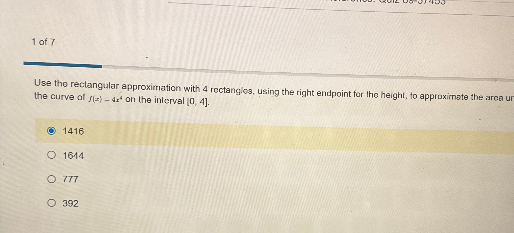Solved 1 ﻿of 7Use the rectangular approximation with 4 | Chegg.com