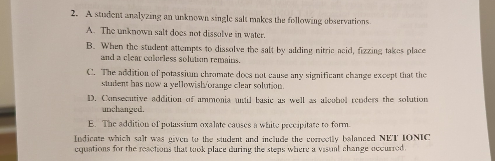 Solved A student analyzing an unknown single salt makes the | Chegg.com