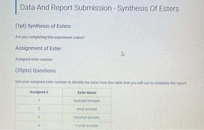 Solved Data And Report Submission - Synthesis Of Esters | Chegg.com