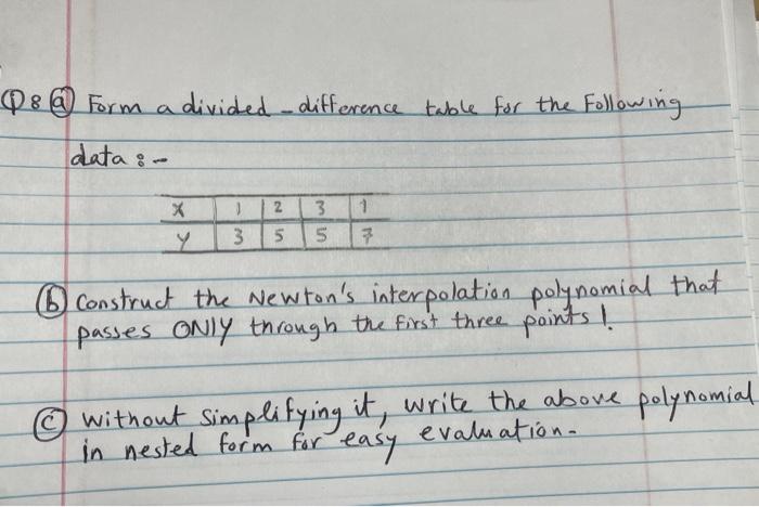 Solved Q8 @ Form a divided difference table for the | Chegg.com