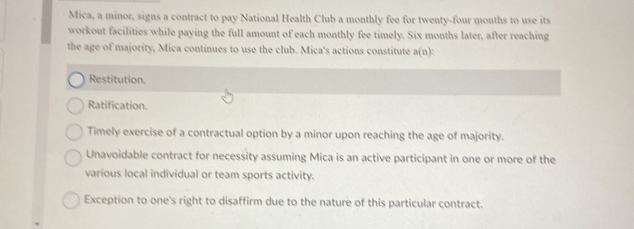 Solved Mica, a minor, signs a contract to pay National | Chegg.com