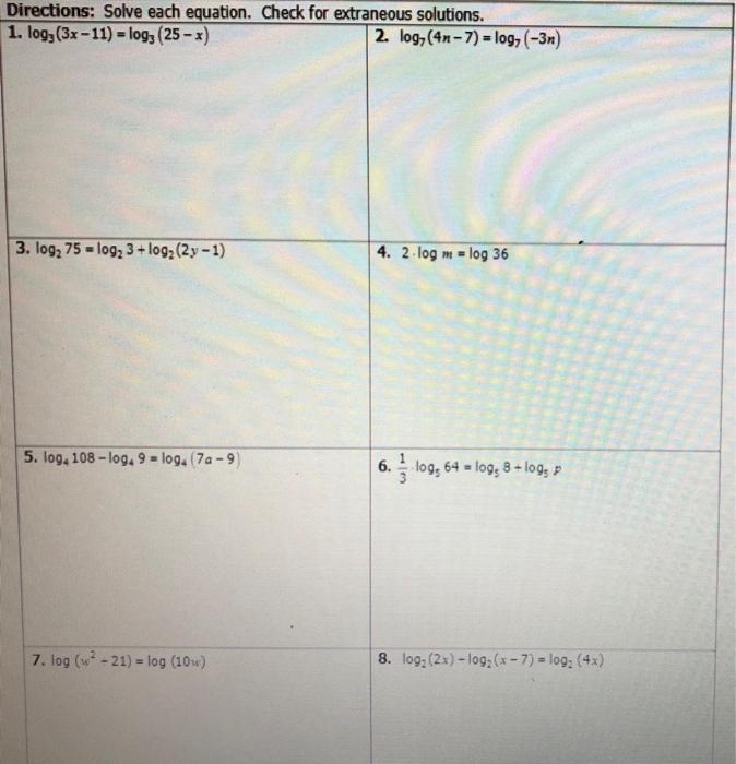 Solved Directions: Solve each equation. Check for extraneous | Chegg.com
