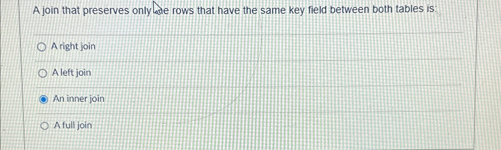 Solved A join that preserves only ate rows that have the | Chegg.com