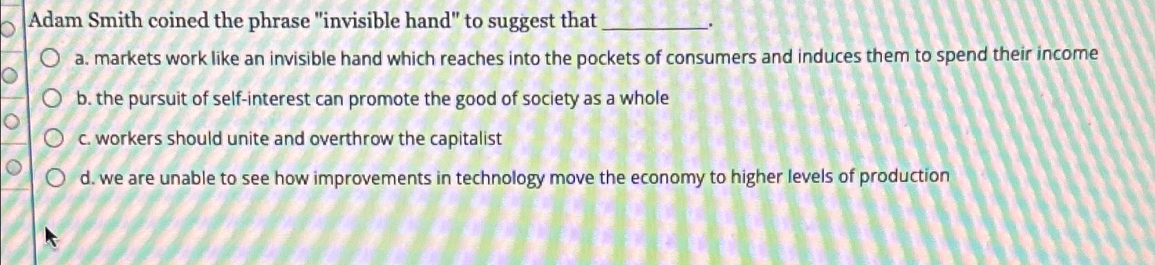 Solved Adam Smith coined the phrase "invisible hand" to | Chegg.com