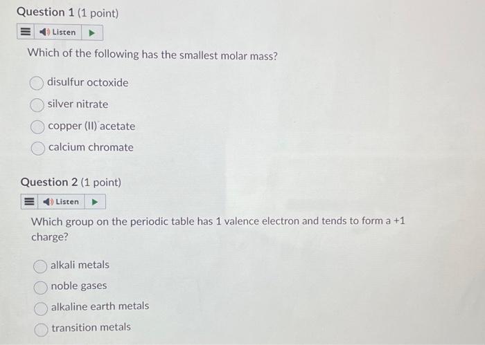 Solved Which of the following has the smallest molar mass? | Chegg.com