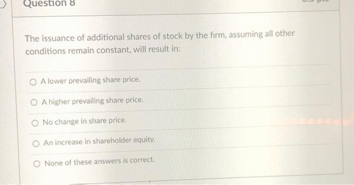 Solved Question 8 The issuance of additional shares of stock | Chegg.com