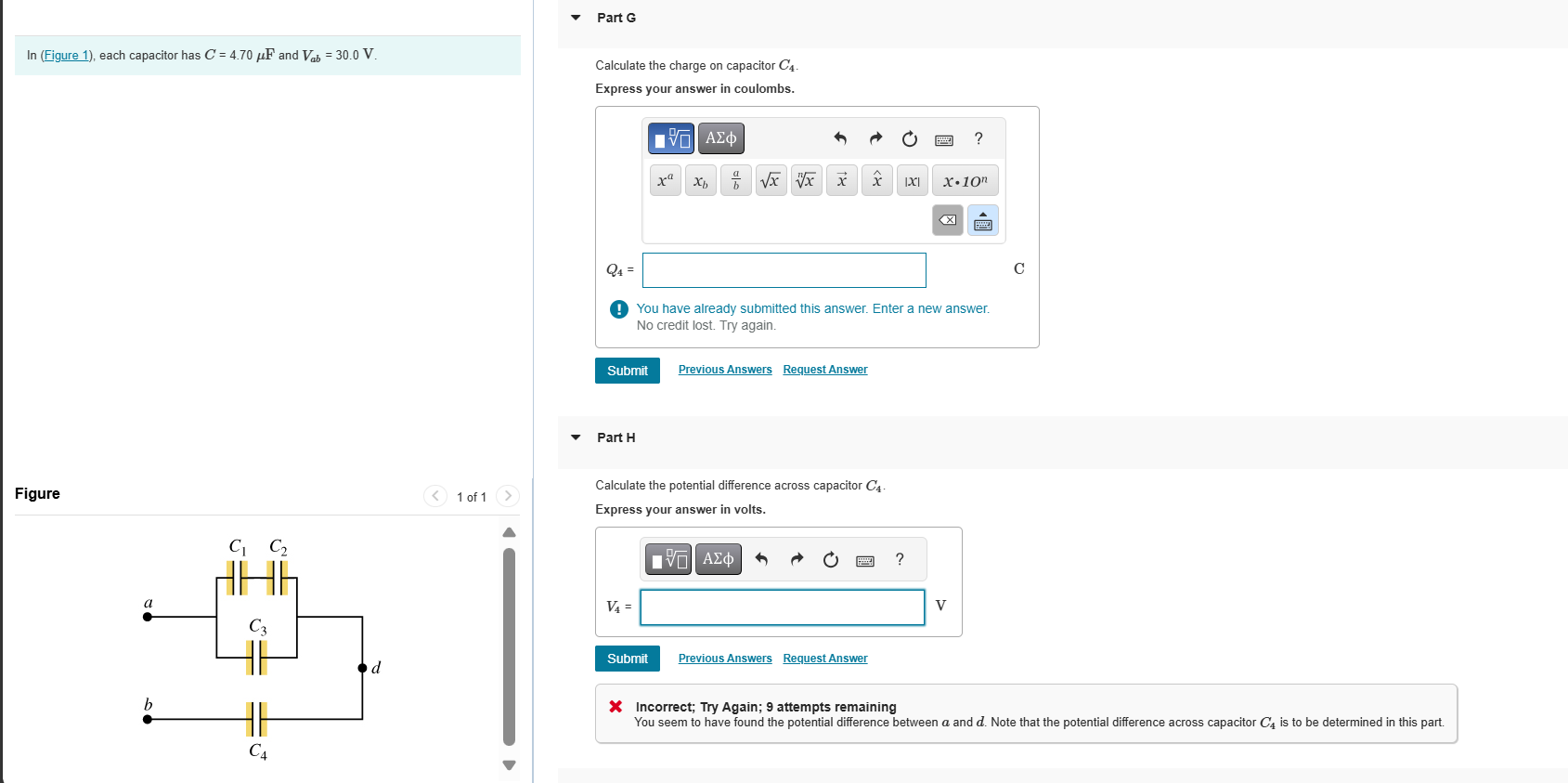 Solved Part GIn (Figure 1), ﻿each capacitor has C=4.70μF | Chegg.com