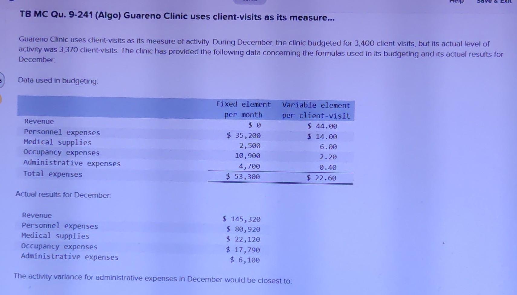 Solved TB MC Qu. 9-241 (Algo) Guareno Clinic uses | Chegg.com