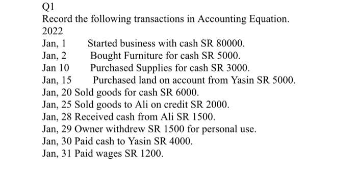 Solved Q1 Record the following transactions in Accounting | Chegg.com