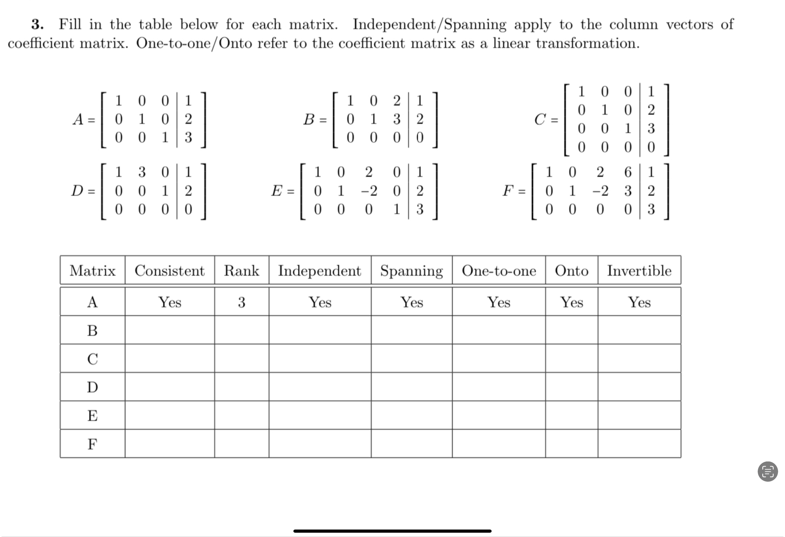 Solved Fill in the table below for each matrix. | Chegg.com