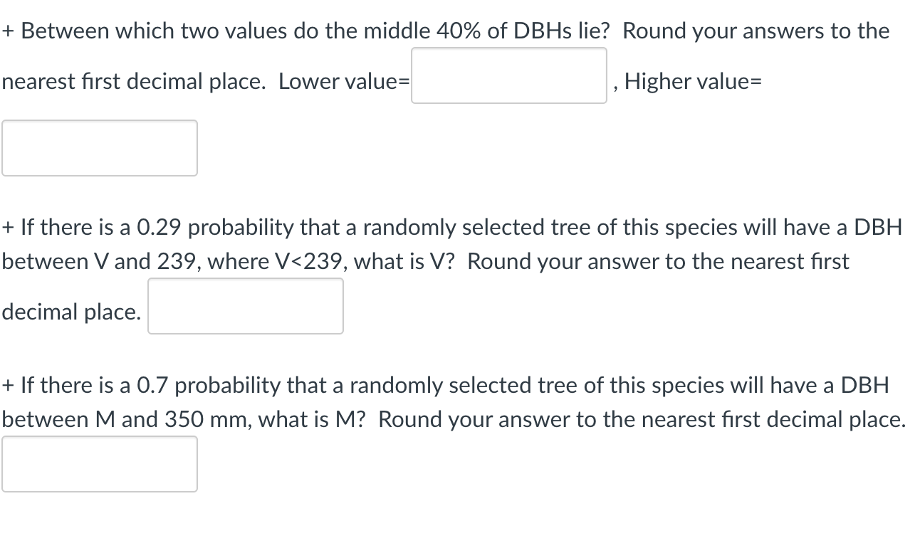 Solved Between which two values do the middle 40% ﻿of DBHs | Chegg.com