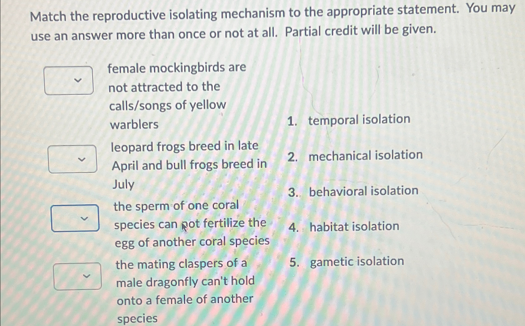 Solved Match the reproductive isolating mechanism to the | Chegg.com