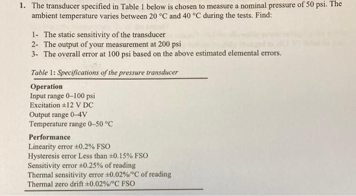 1. The transducer specified in Table 1 below is | Chegg.com