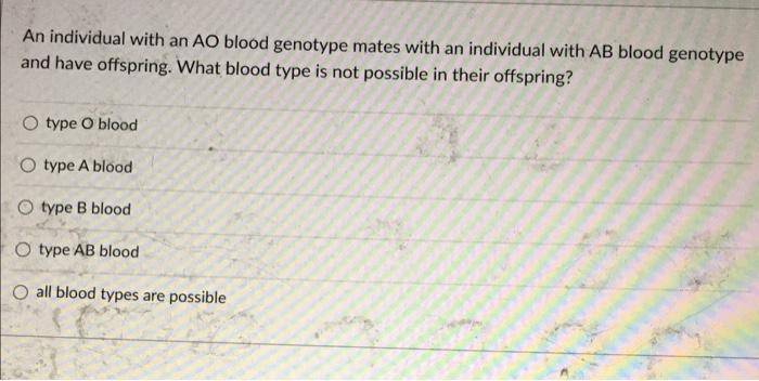 Solved An individual with an AO blood genotype mates with an | Chegg.com