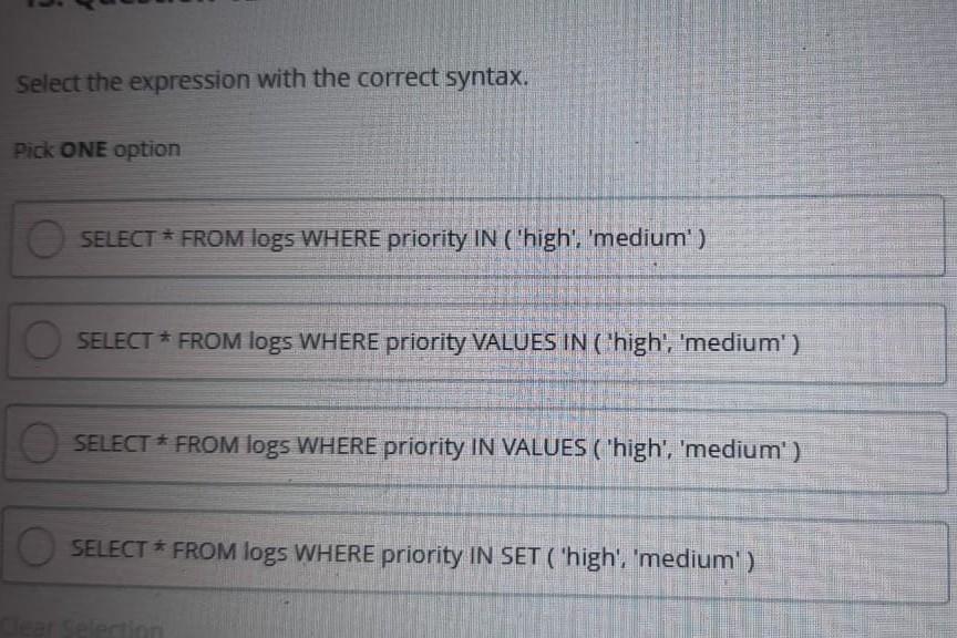 Solved Select the expression with the correct syntax. Pick | Chegg.com