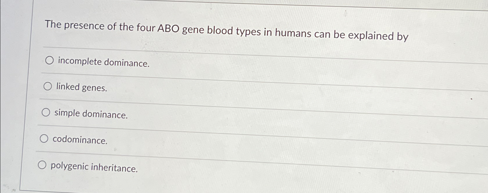 Solved The presence of the four ABO gene blood types in | Chegg.com