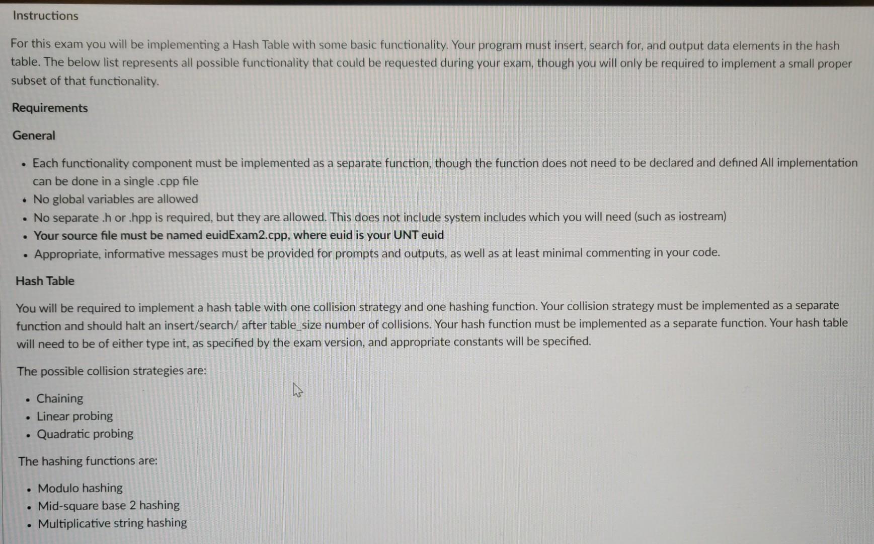 Solved For this exam you will be implementing a Hash Table | Chegg.com