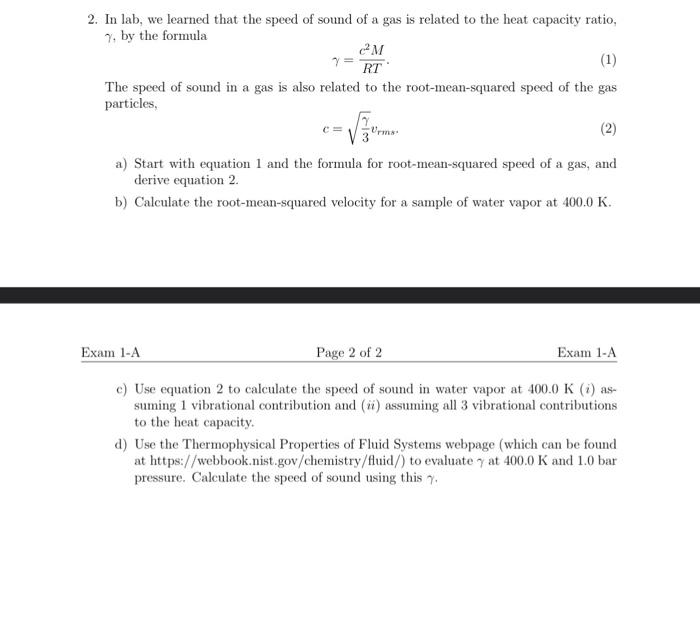 Solved In lab, we learned that the speed of sound of a gas | Chegg.com