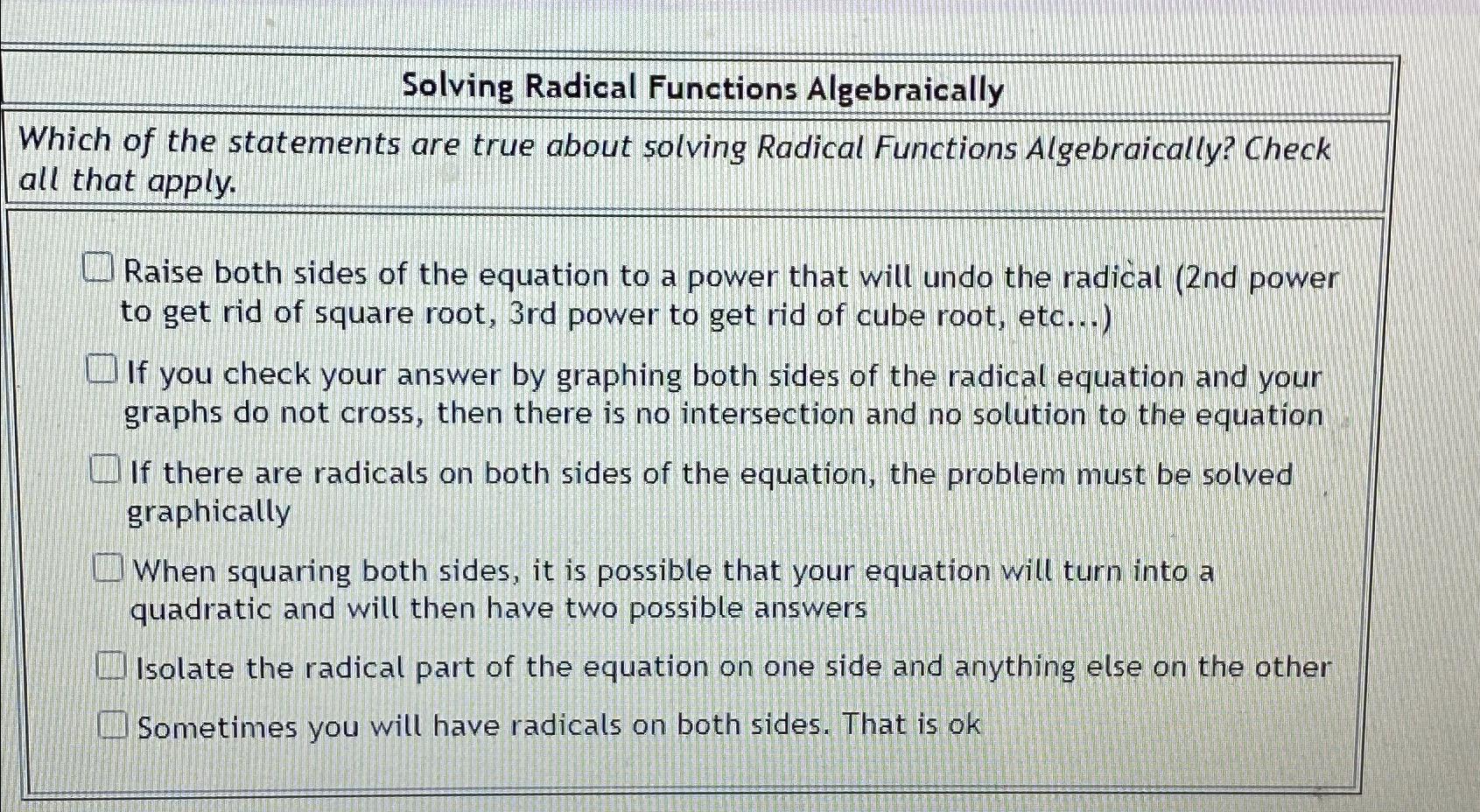 Solved Solving Radical Functions AlgebraicallyWhich of the | Chegg.com